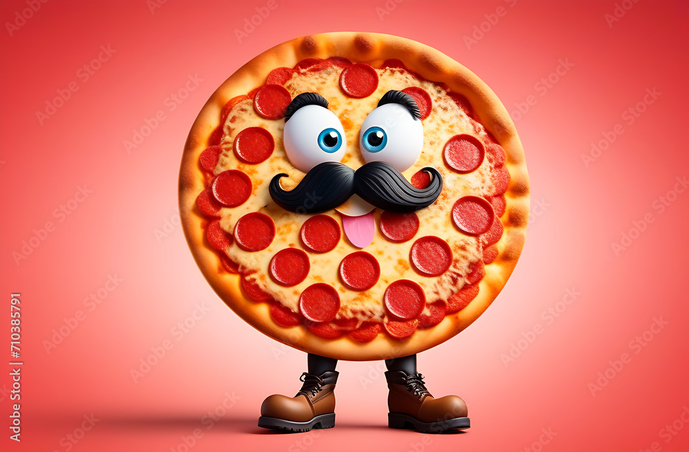 Cartoon pizza with mustache and eyes in a boots. Pizza with salami ...