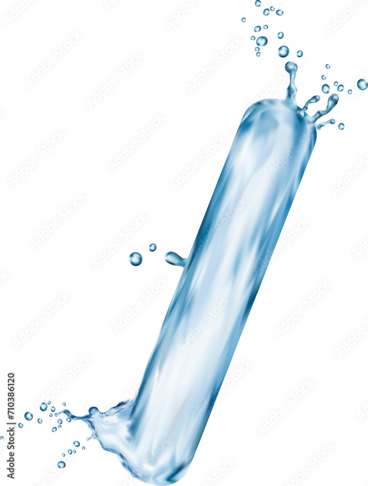 Liquid water slash sign with splash bubbles, transparent type font ...