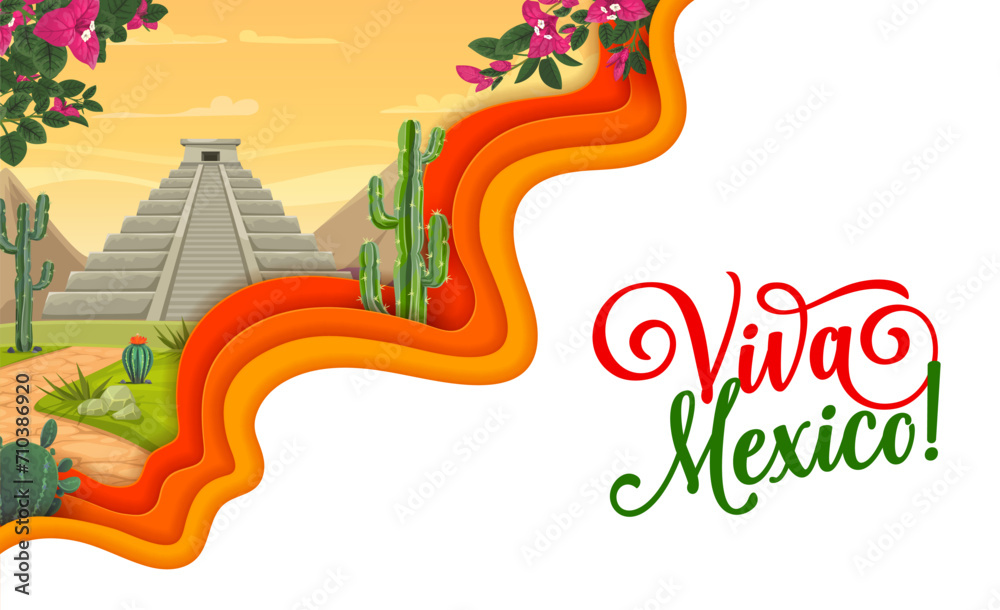 Viva Mexico paper cut banner, mexican pyramid landscape cartoon ...