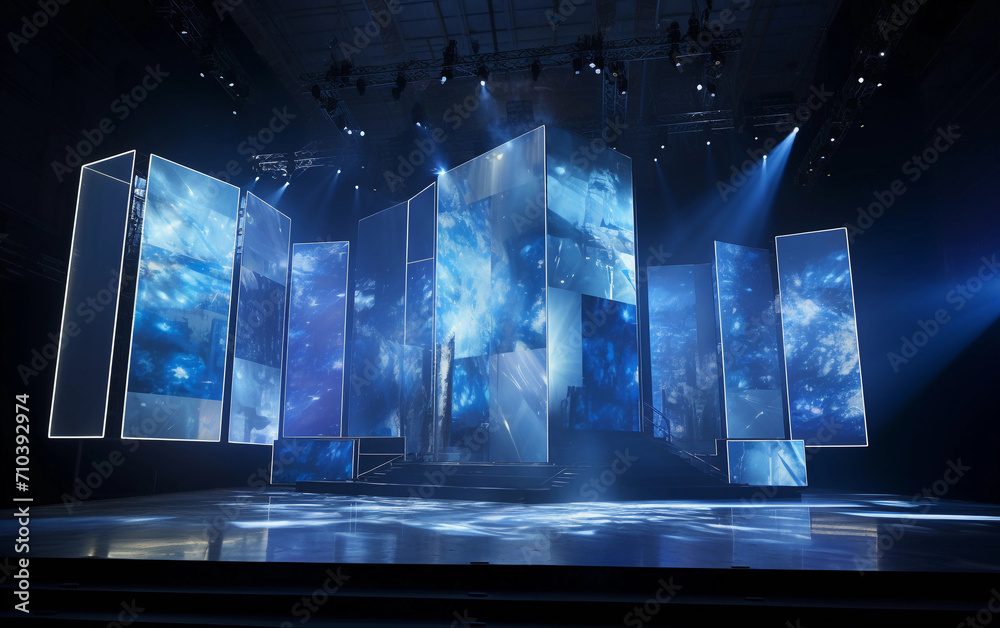 Led panels stage with blue holographic displays, sleek metallic ...