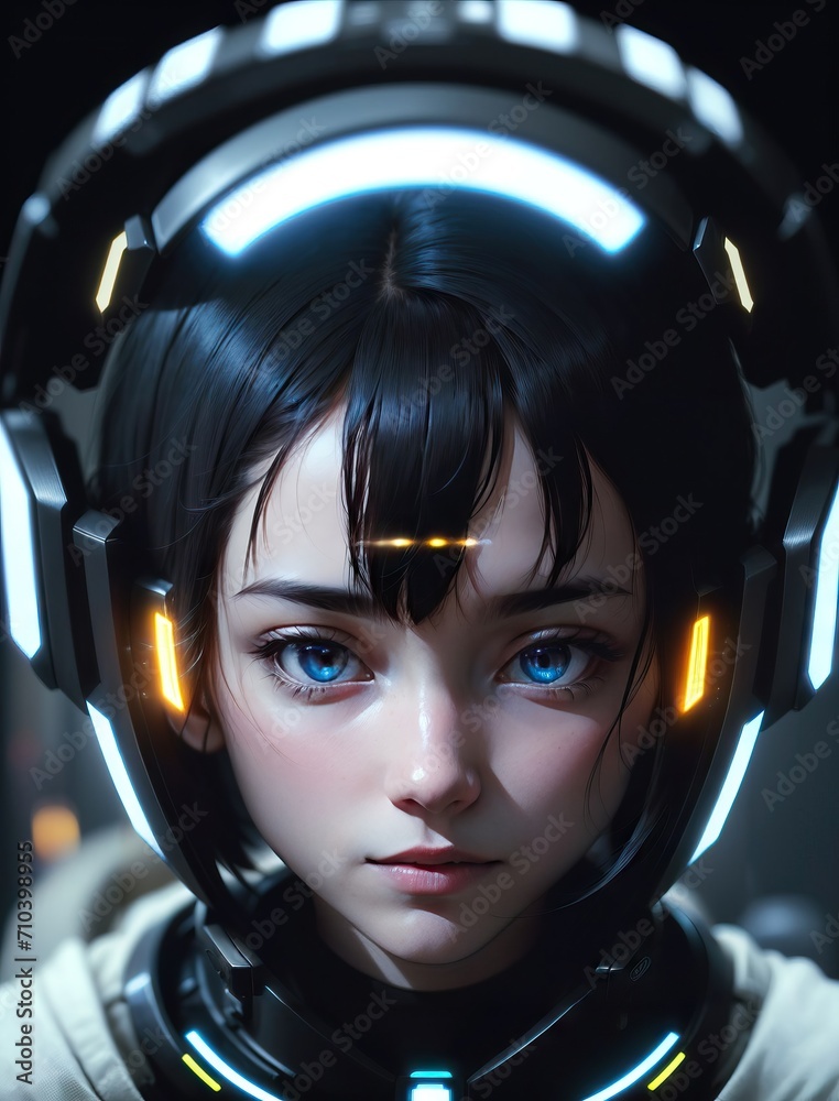 Obraz A girl wearing a futuristic helmet with a panel. The helmet has a ...