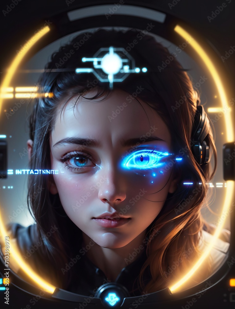 A girl wearing a futuristic helmet with a panel. The helmet has a ...