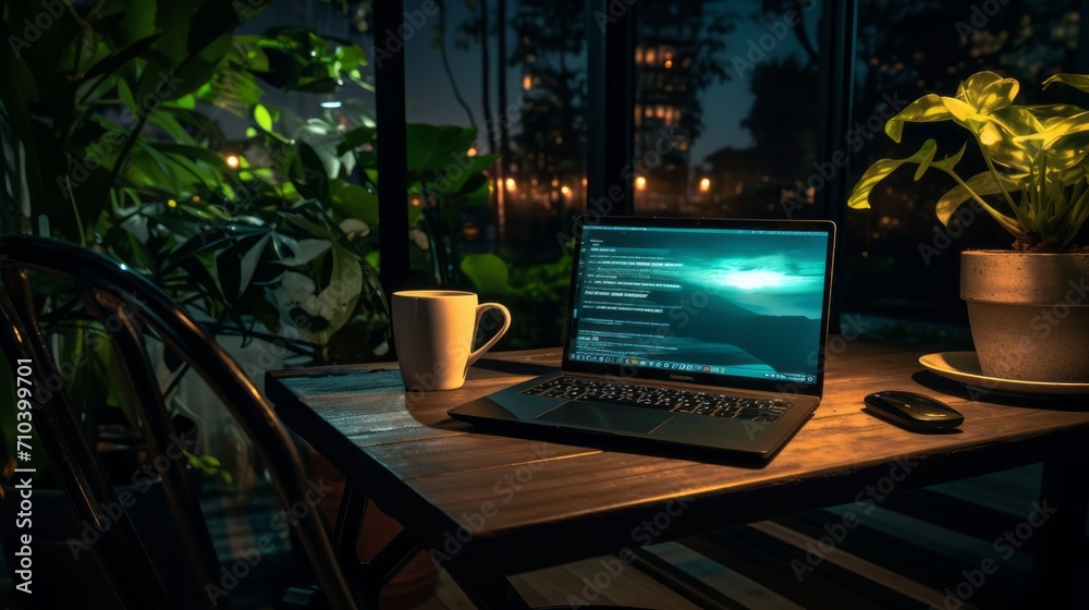 Serene nighttime coding scene: dedicated programmer at work with laptop ...