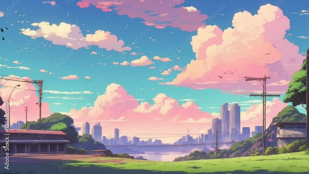 Beautiful view of a garden in spring at noon with anime girl. anime ...