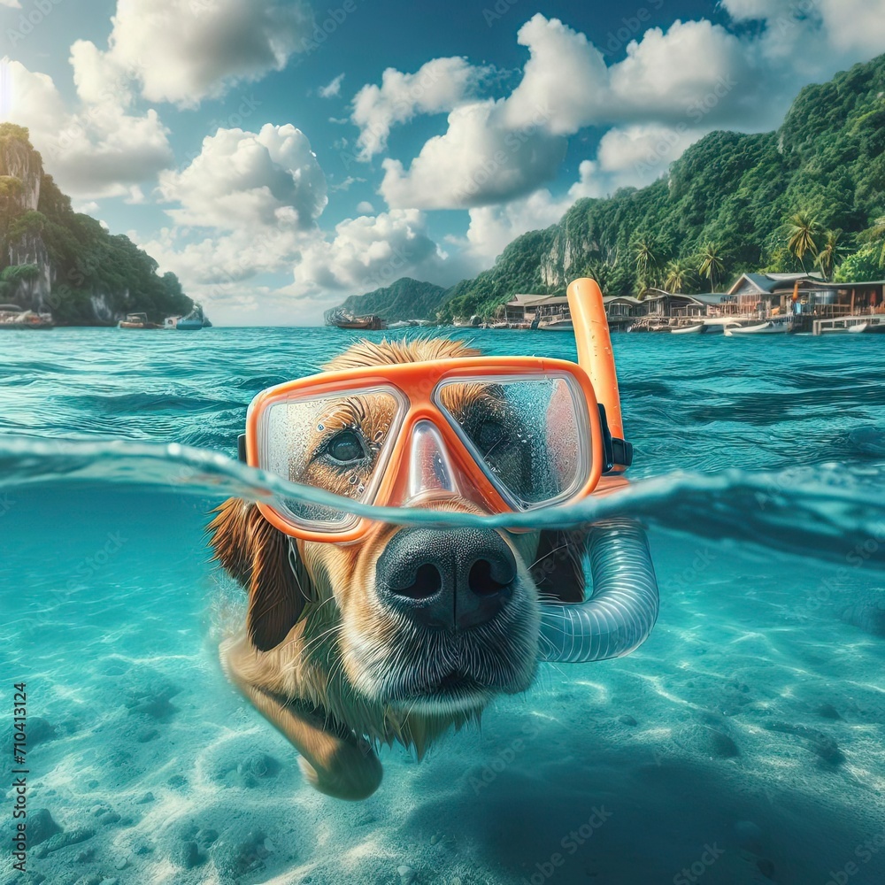 Dog on vacation relaxing chilling doing Scuba Diving Snorkeling wearing ...