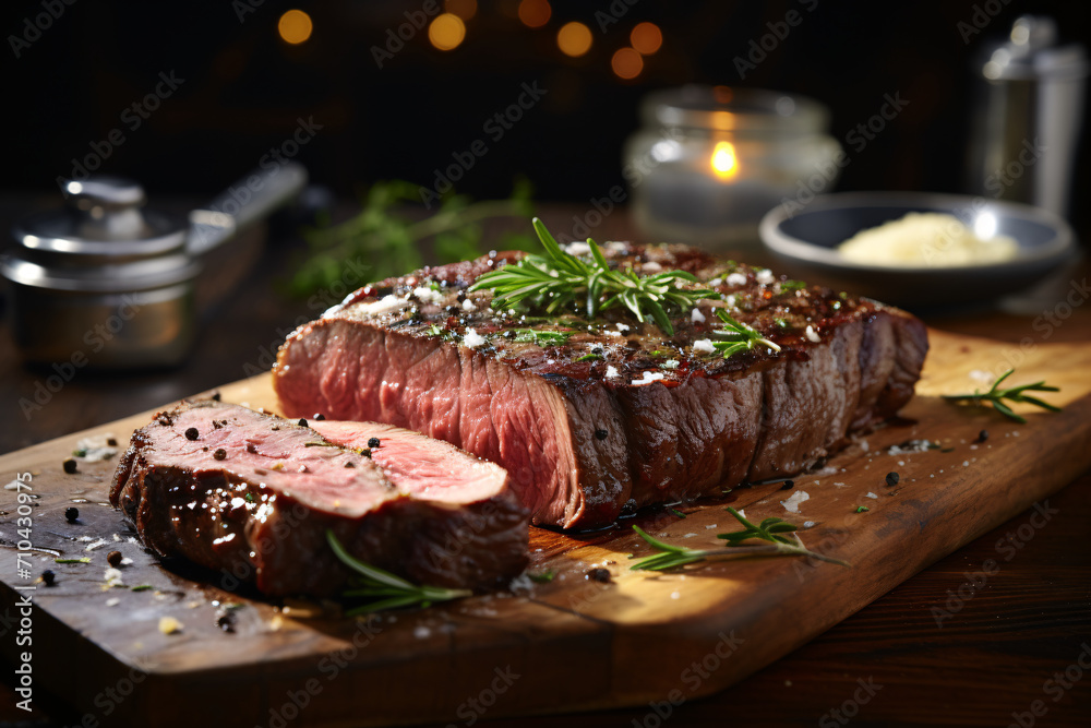 Perfectly cooked medium rare sirloin steak with garlic butter Stock ...