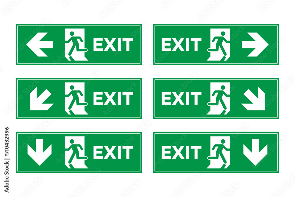 Exit sign set. Emergency exit sign set. Man running out arrow, green ...