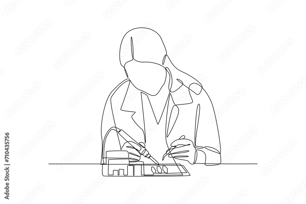 One continuous line drawing of woman use soldering at practice. Simple ...
