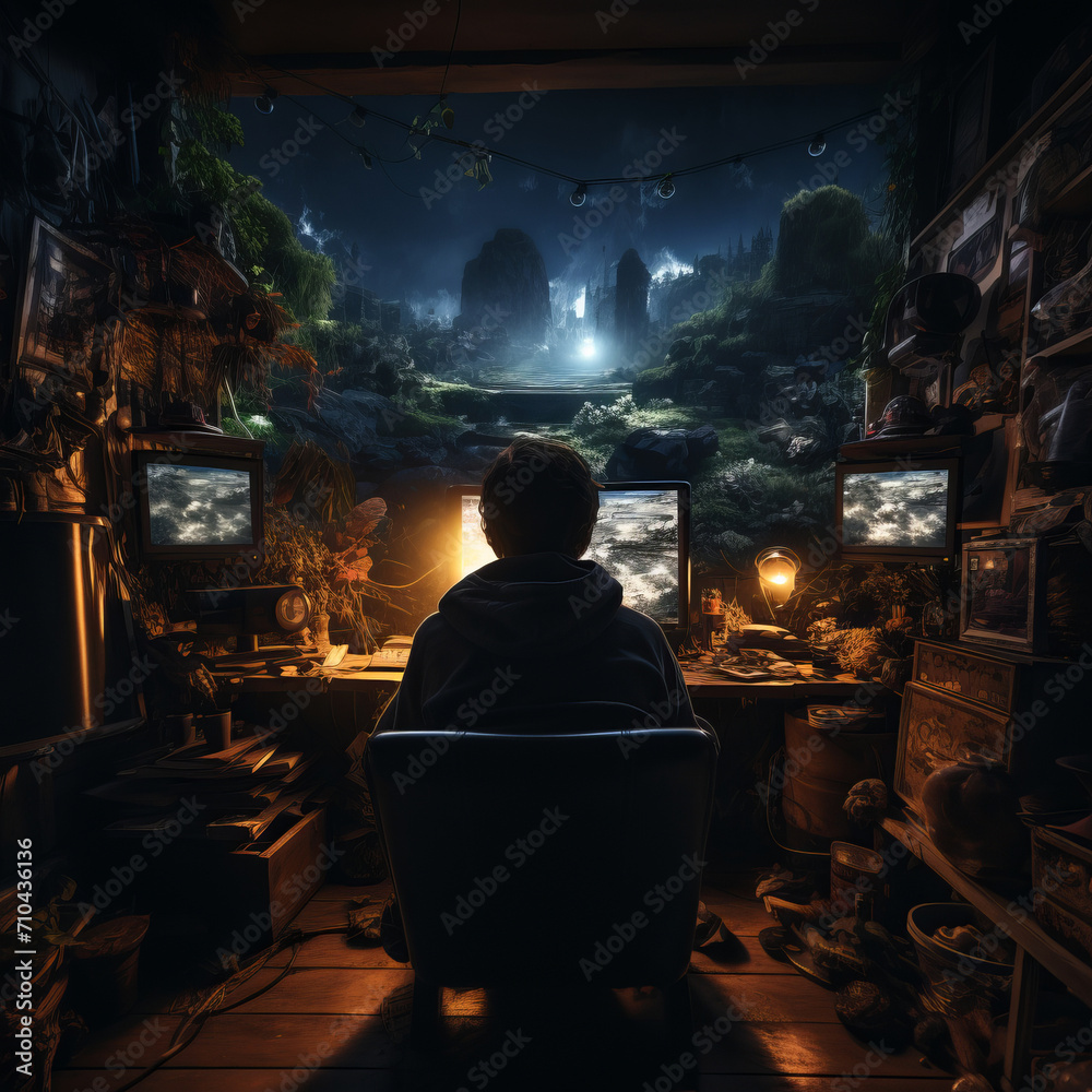 Concept of gaming addiction, featuring back view of a boy sitting in a ...