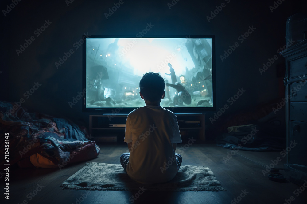 Concept of gaming addiction, featuring back view of a boy sitting in a ...