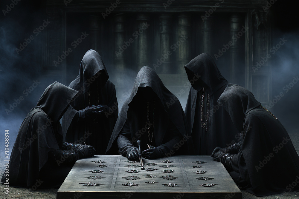 Shadowy figures in hooded cloaks gathered around an ancient, rune ...