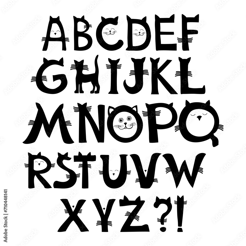Cat Alphabet. Cats flat font. Kittens cartoon stylized alphabet bold symbols. Cute and funny ...