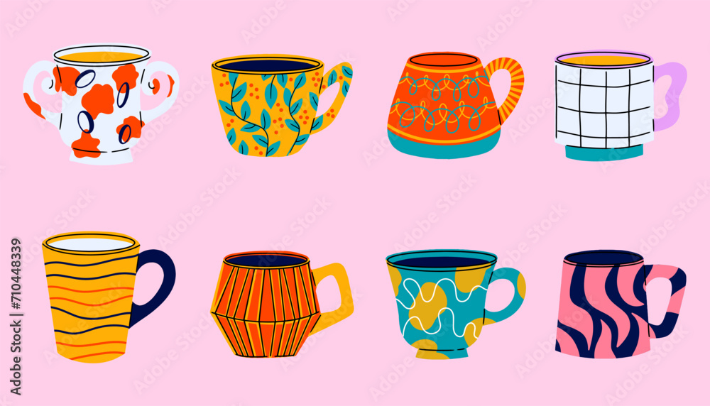 Collection of different modern cups . Set of colored mugs filling ...