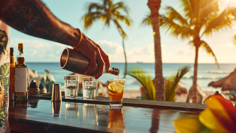 Bartender pours a shot to a client at the counter in a bar on the beach ...