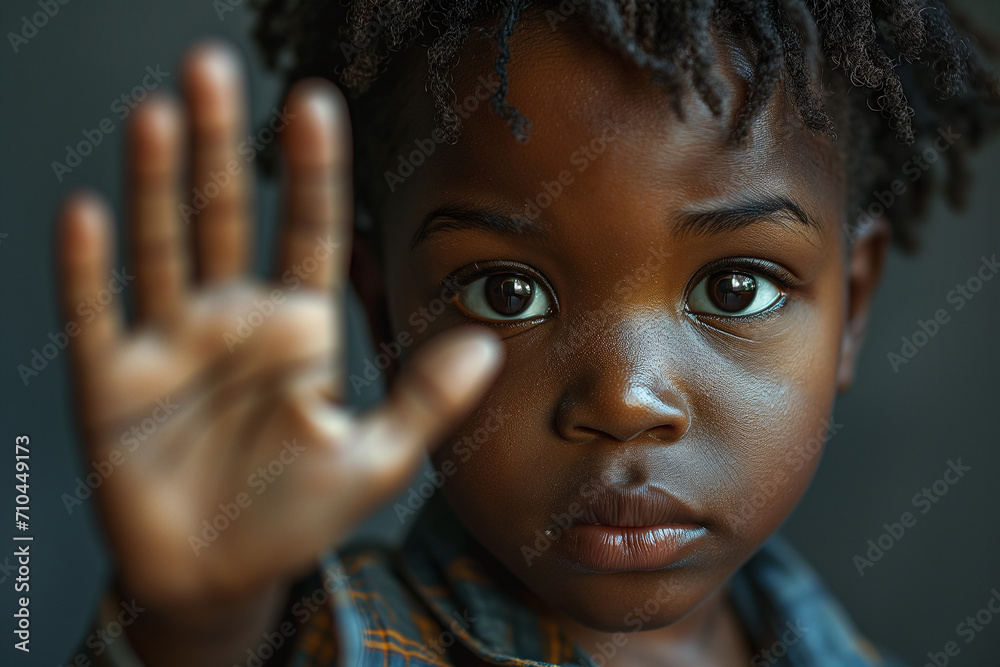 Portrait of a serious and scared little african american boy standing ...