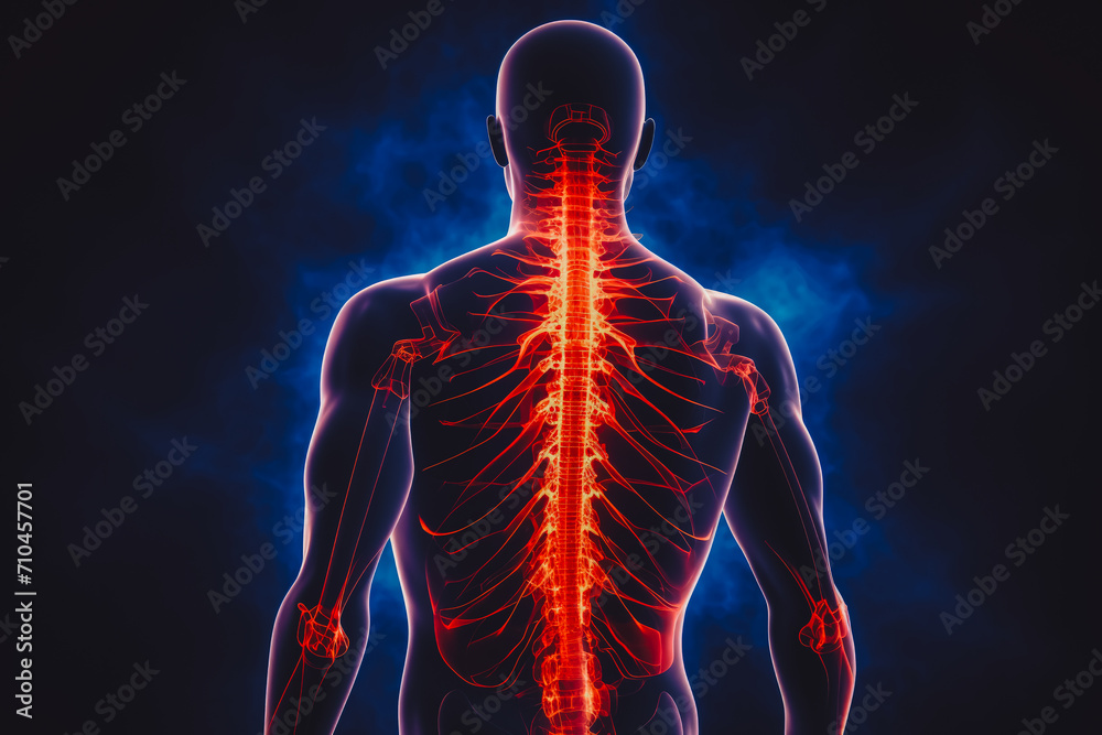 Acute pain in back, colored in red on dark blue background. Showing ...