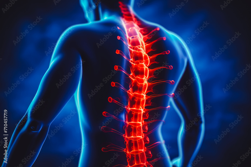 Acute pain in back, colored in red on dark blue background. Showing ...