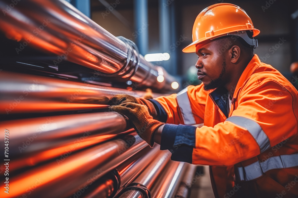 African American mechanic engineer worker is choosing copper tube for ...