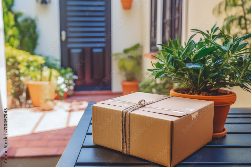 Parcel delivery at home, waiting at the table near the front door. The ...