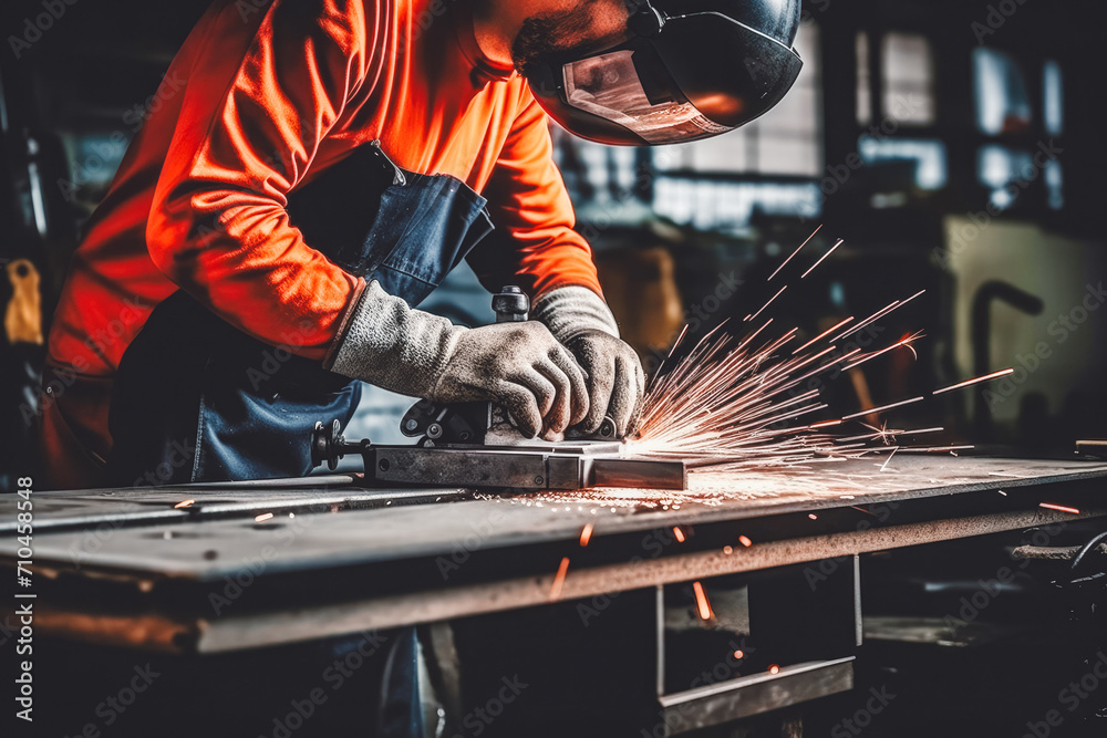 Mechanic engineer worker sawing the metal parts which are producing ...
