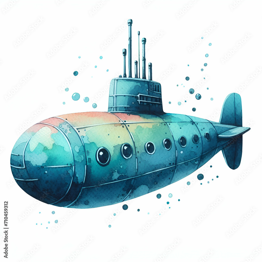 Watercolor submarine under water isolated on white background Stock ...