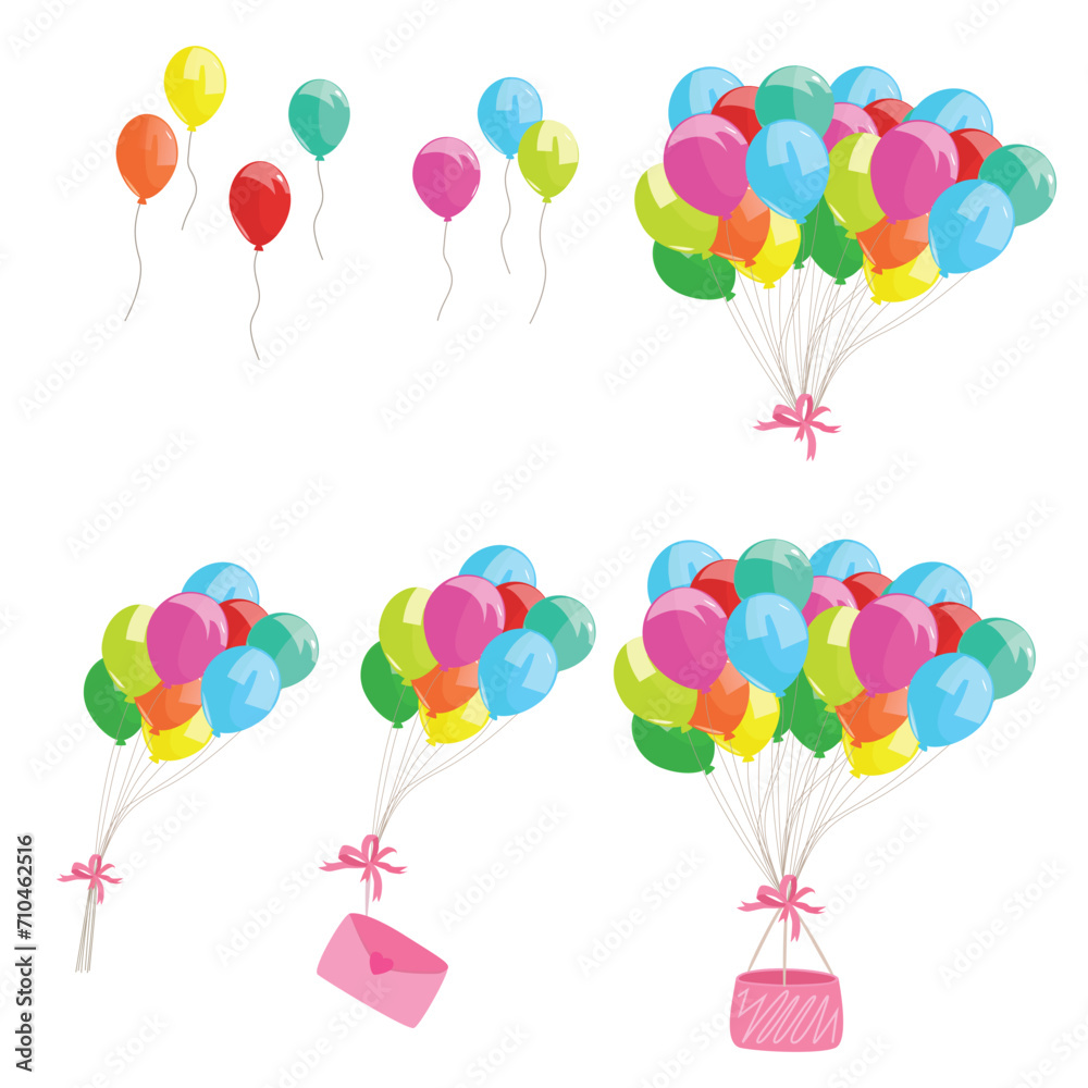 Balloons vector illustration set in cartoon style. Colorful bunch of ...