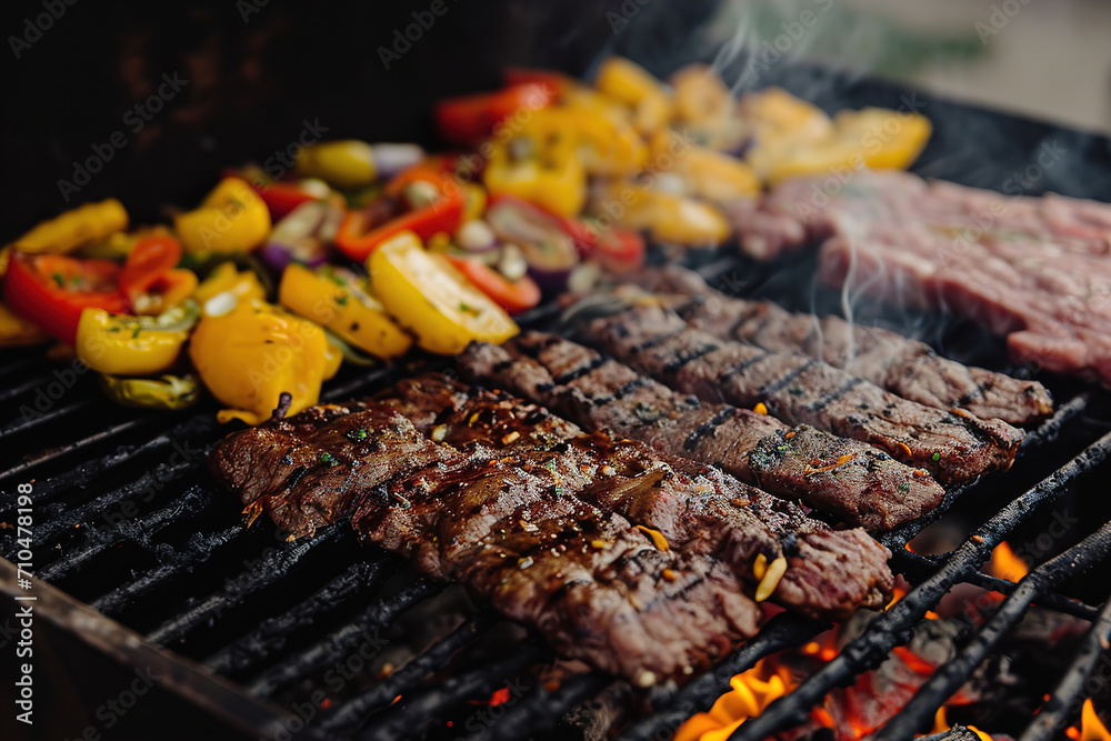 Gaucho cooking the meat on the fire, making the barbecue on the coals ...