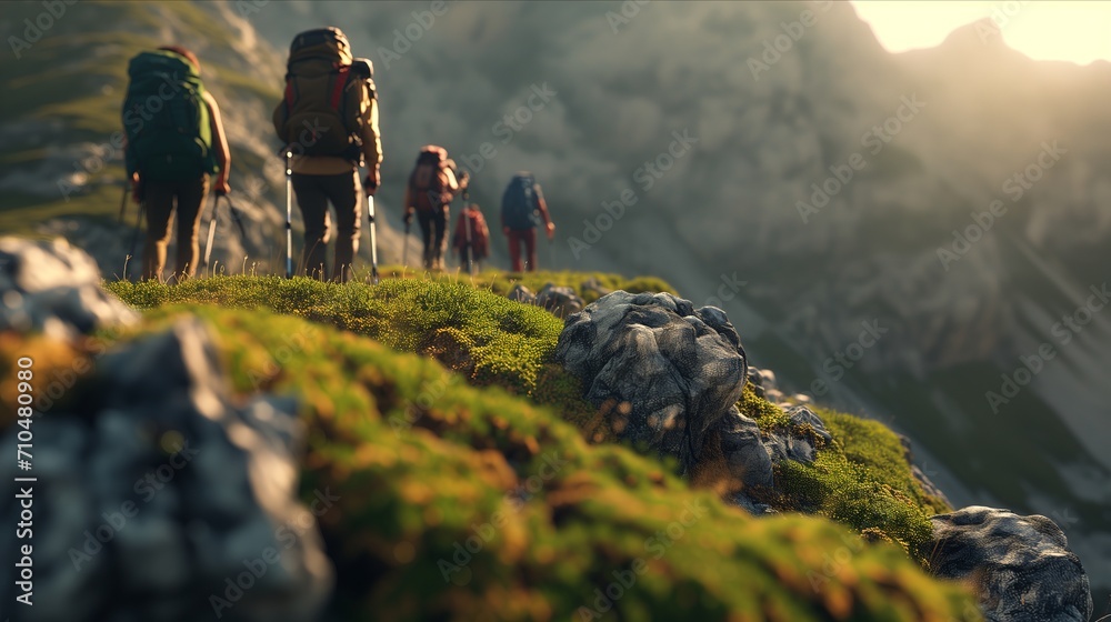 Hikers trekking and walking through a beautiful mountain range showing ...