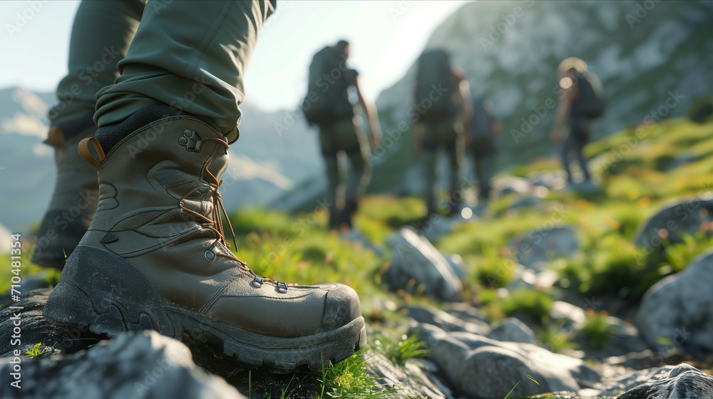 Hikers trekking and walking through a beautiful mountain range showing ...