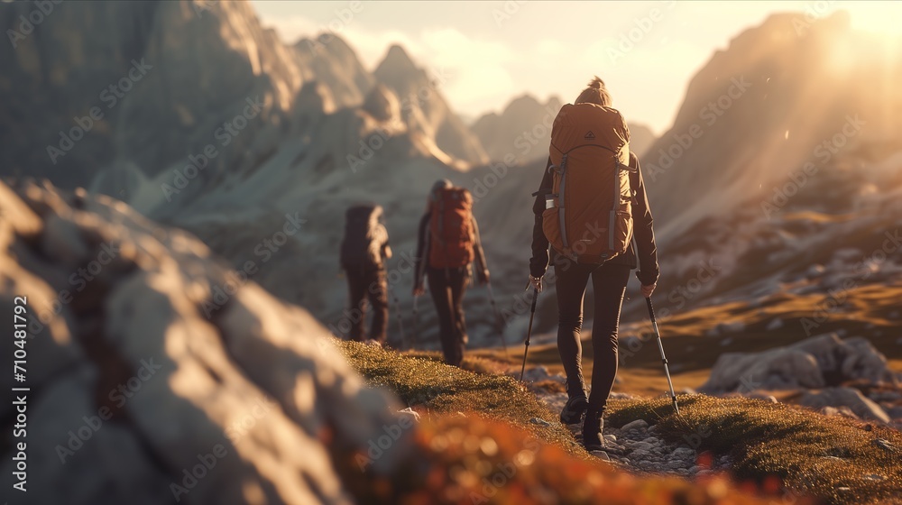 Hikers trekking and walking through a beautiful mountain range showing ...