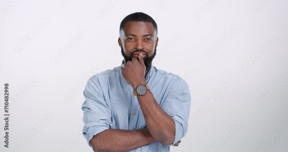Thinking, face and black man in studio listening to interesting drama ...