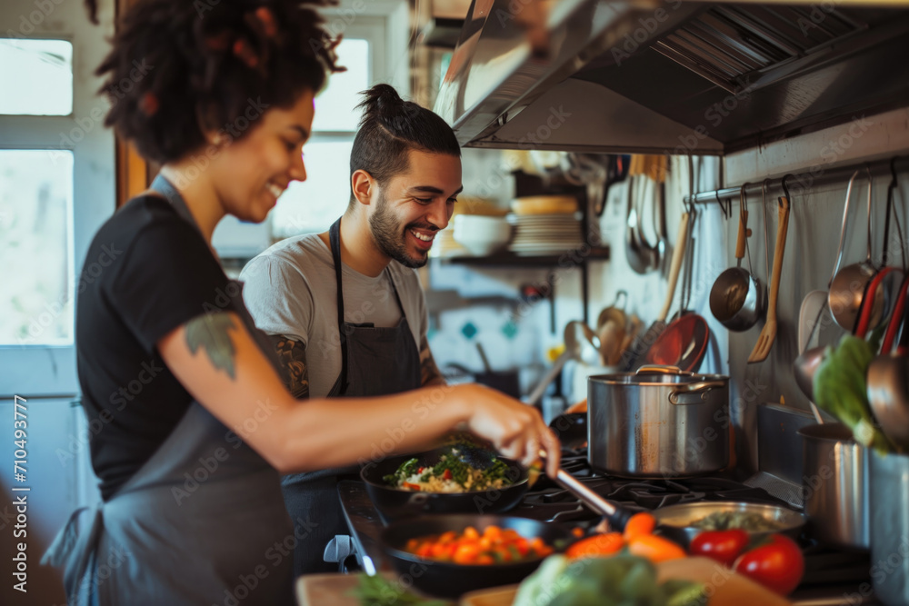 Multiethnic Couple Fused Traditions While Cooking Together, Celebrating ...