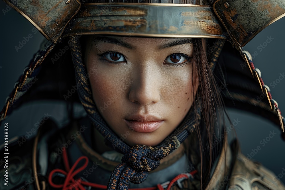 Studio portrait of a female samurai with a reflective gaze, traditional ...