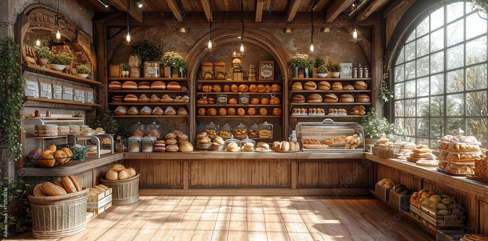 a bakery with shelves of bread and various types of baked goods, in the ...