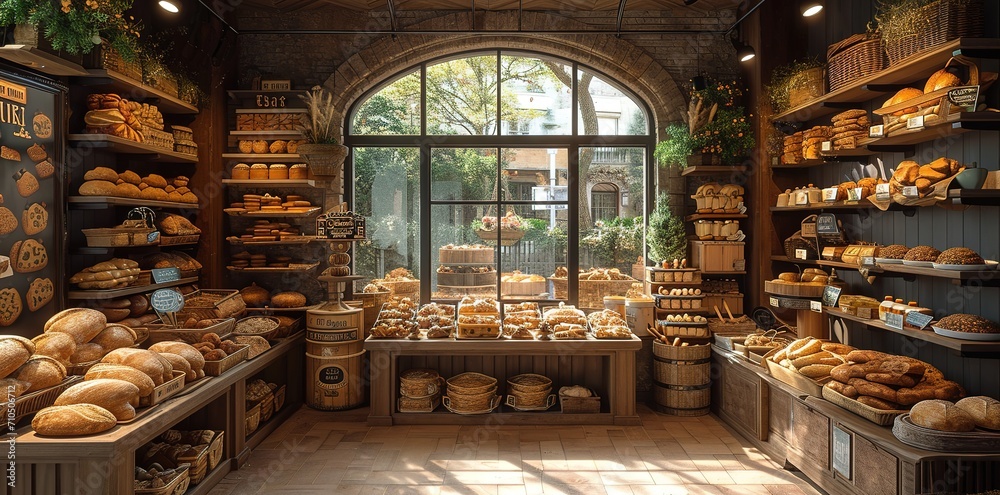 a bakery with shelves of bread and various types of baked goods, in the ...