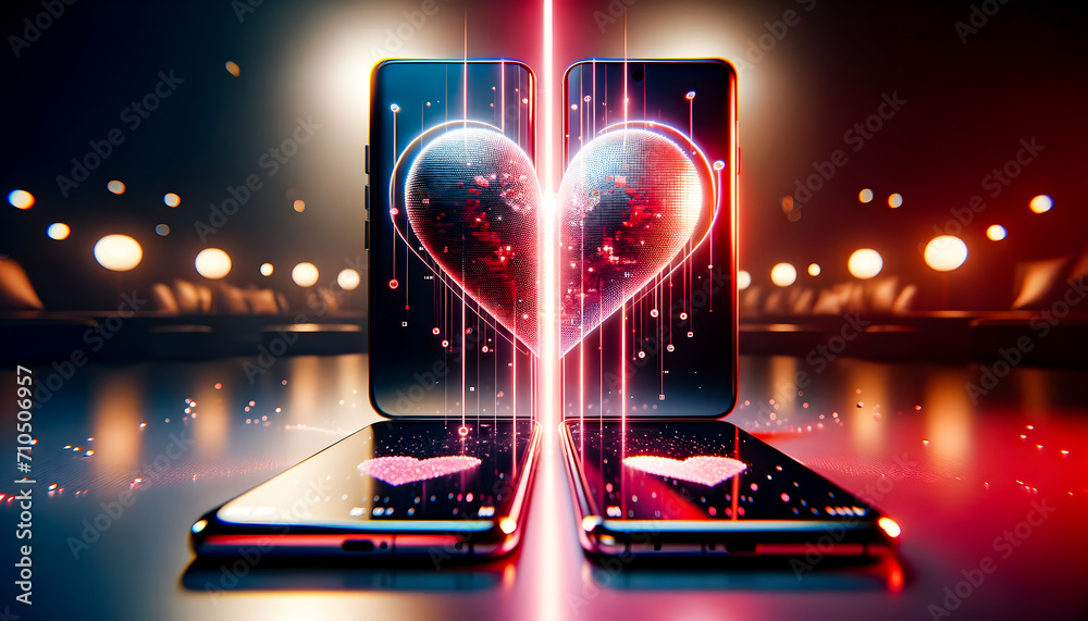 Two smartphones lie side by side. Half of a digital heart on their ...