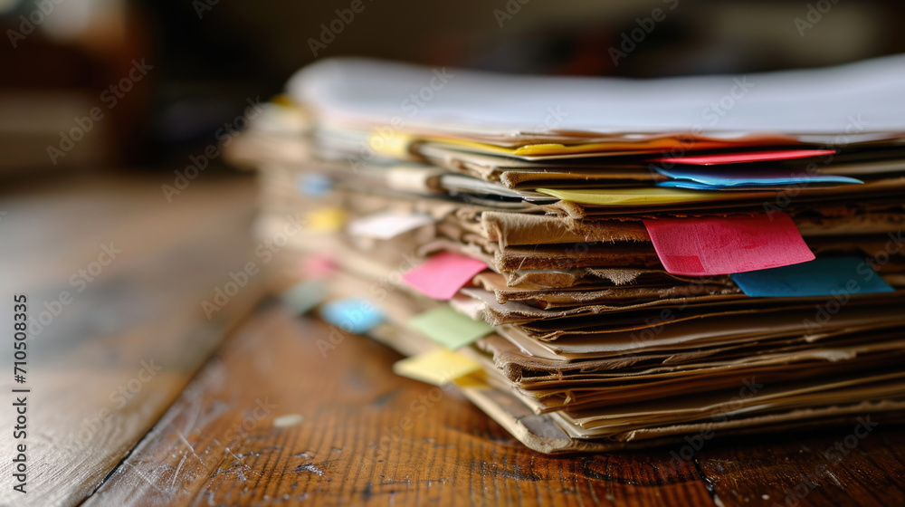 Close-up of a large stack of worn and tattered files or folders with ...