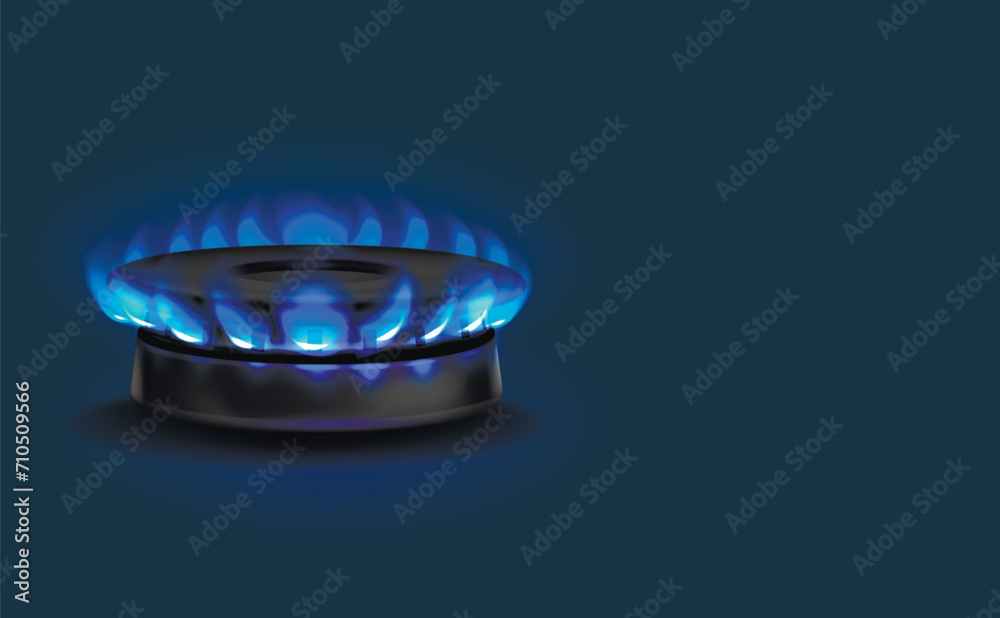 Gas burner with blue flame, glowing fire ring in blue color on the ...
