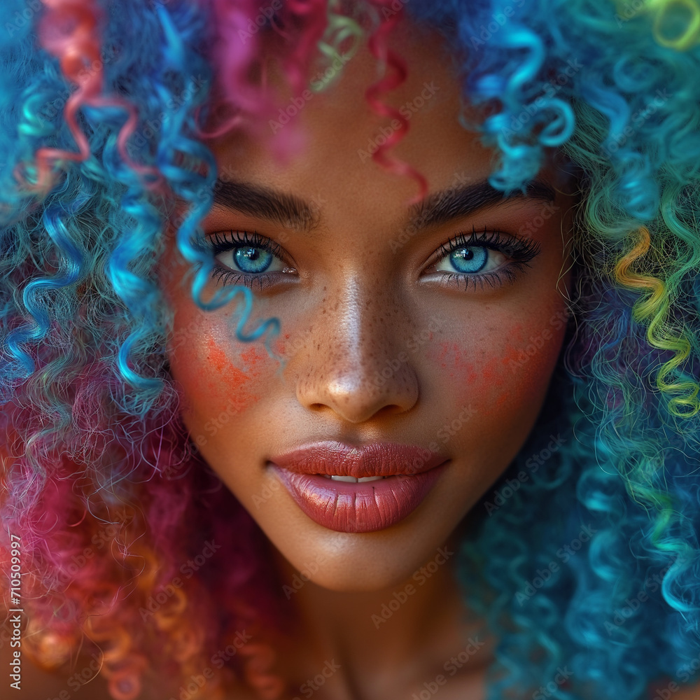 Vibrant Portrait of a Black Woman with Rainbow Colored Curly Hair and ...