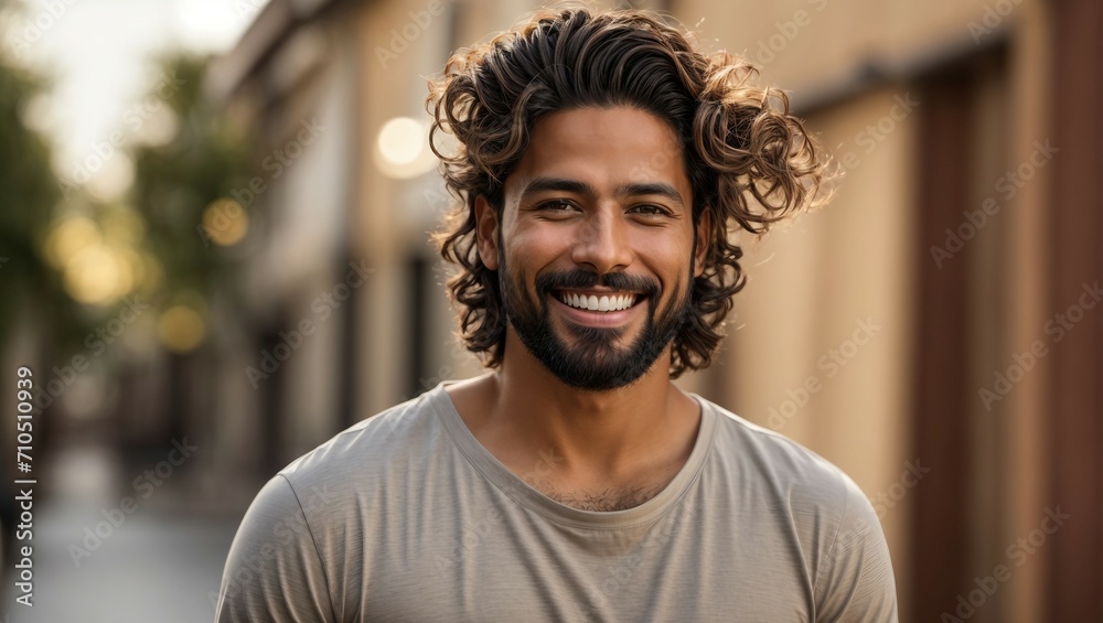 A closeup photo portrait capturing a handsome Latino man with a bright ...