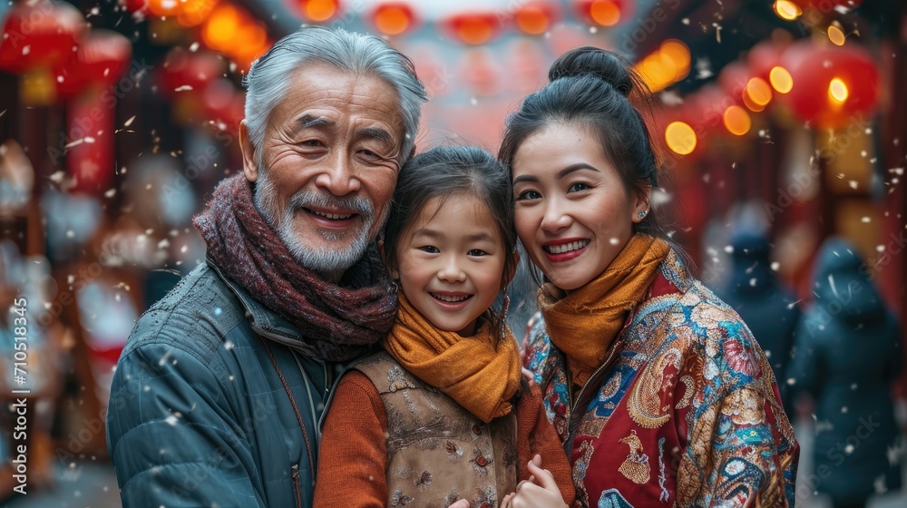 smiling Chinese family celebrating the traditional activities of Spring ...