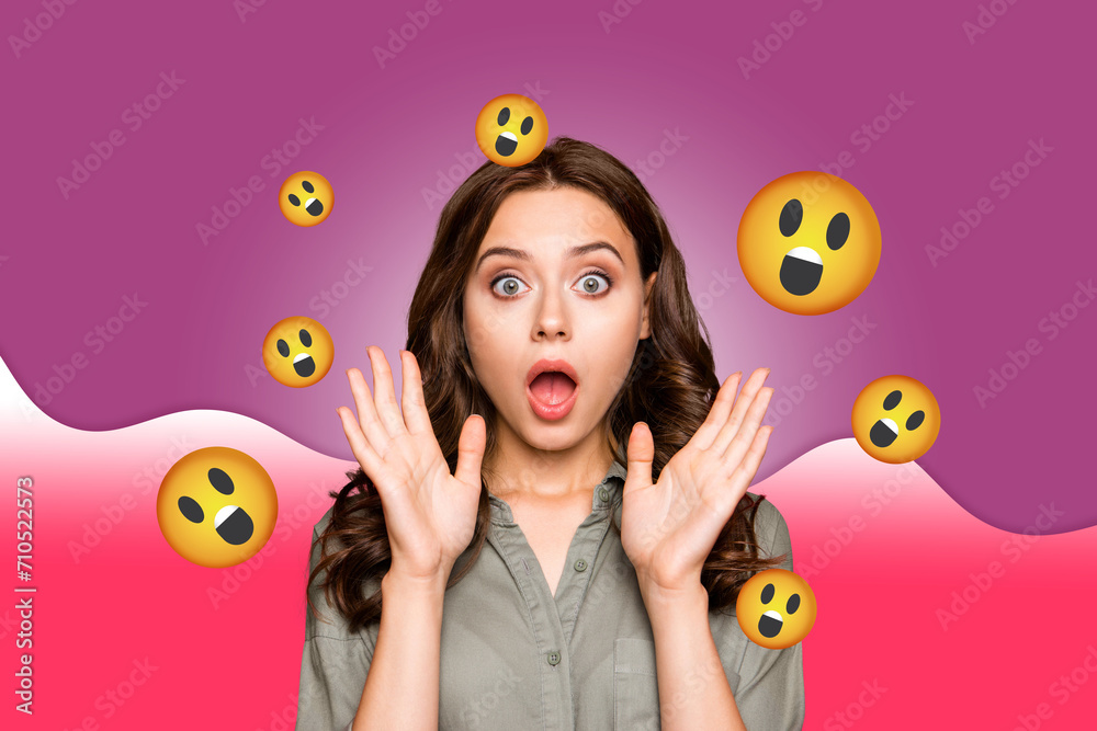 Photo collage poster banner young beautiful impressed shocked ...