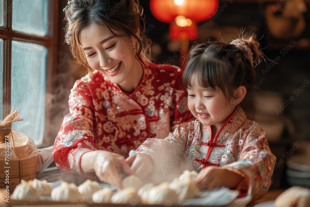 Chinese family mother and children bake steamed stuffed bun in new year ...