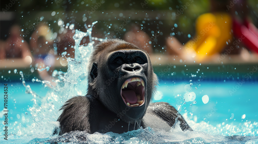 Excited gorilla ape in pool swimming and playing in the water Stock ...