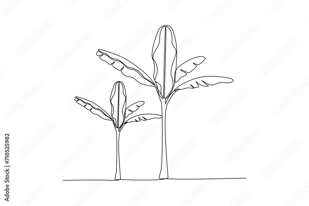 Continuous one line drawing of green trees of old banan garden. Eco ...