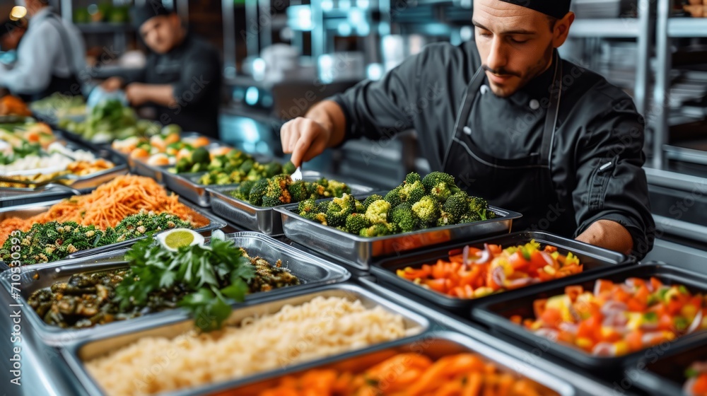 A buffet worker at a hotel with a halal kitchen buffet wearing ...