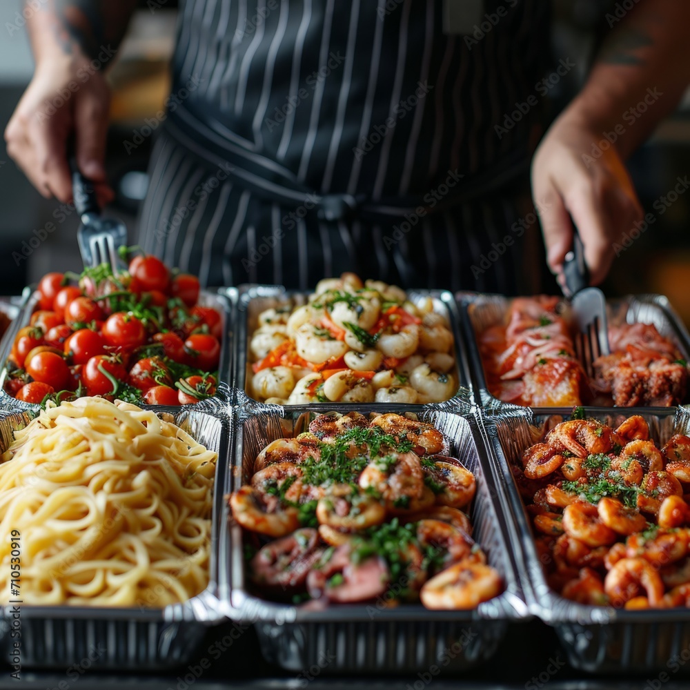 A buffet worker at a hotel with a halal kitchen buffet wearing ...