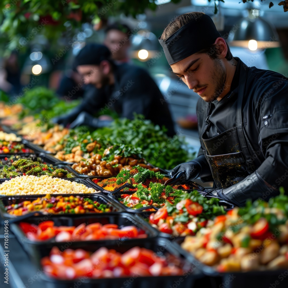 A buffet worker at a hotel with a halal kitchen buffet wearing ...