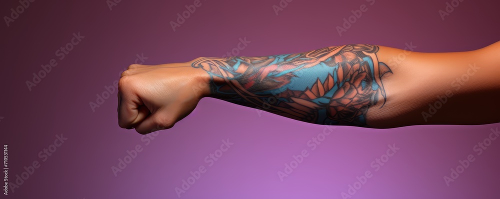 Women's day or women's history banner. A female arm with a tattoo and ...