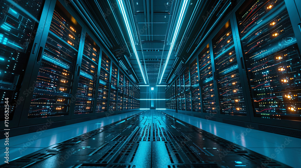 A modern server hall with multi level racks, a huge number of LED ...